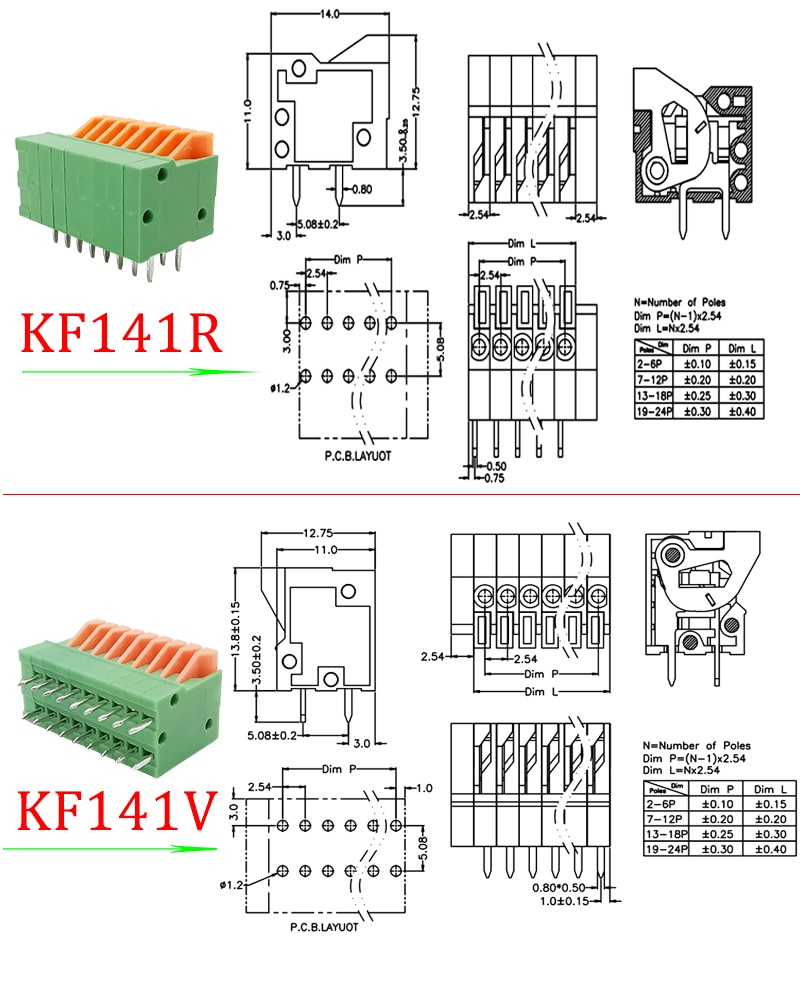 KF141R KF141V 2/3/4/5/6/7/8/9/10 Pin PCB Terminal Block 2.54mm Pitch ...